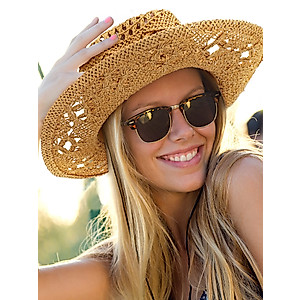 Didaey 2 Pcs Woven Straw Cowboy Hat for Women Wide Brim Cowgirl Hat Western Cowboy Hat Men Women Straw Hat for Hiking Fishing (Black, Khaki)