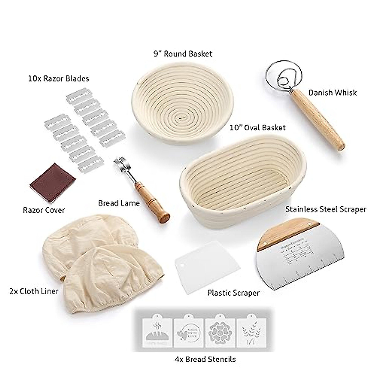 Saint Germain Bakery Premium Round Bread Banneton Basket with Liner - Perfect Brotform Proofing Basket for Making Beautiful Bread - Ultimate Bread Bundle (9 in. Round/10 in. Oval)