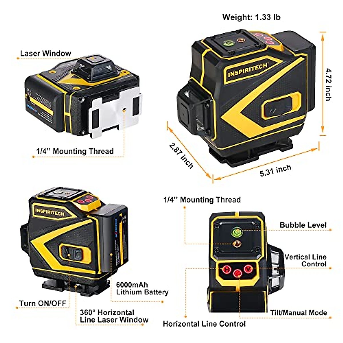 INSPIRITECH Tile Laser Level Self Leveling 3D Alignment Guide,3x360° Horizontal Vertical 12 Cross Lines, Green Beam Lazer Leveler Tool for Floor Ceiling Wall with 2 Lithium Batteries