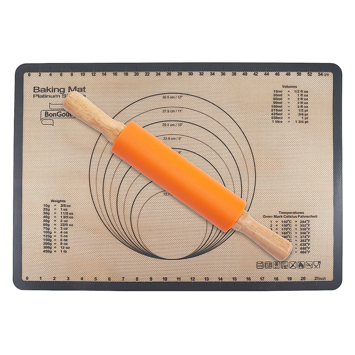 Rolling Pin and Silicone Baking Mat Combo Set, Solid Wood Handle Rolling Pin 15 inch & Nonstick Oven Liner Countertop Mat for Making Pie Crust Cookie Pizza and Pasta Dough