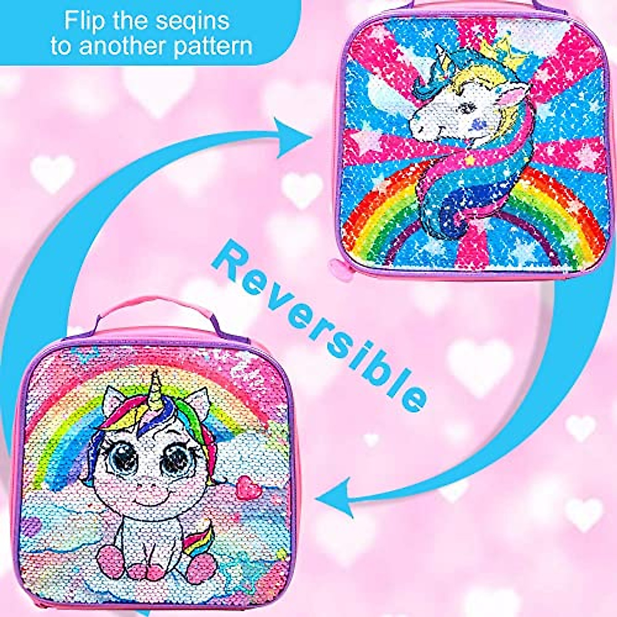 UFNDC Toddler Backpack for Girls, 3pcs Unicorn Sequin Preschool Bookbag with Lunch Box,Cute Kindergarten School Bag