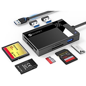 SD Card Reader USB 3.0, WARRKY [2.5FT Nylon Braided, Extra USB 3.0 Ports, 5Gbps] 7 in 1 Memory Card Reader, Micro SD Card Adapter for microSD, SDXC, SDHC, CF, MS, MMC, Micro SDXC/SDHC, UHS-I, More