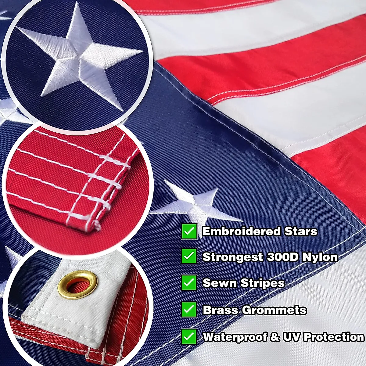 WINBEE Embroidered American Flag 5x8 Ft - Embroidered Stars and Sewn Stripes, Long Lasting Nylon Perfect for Outdoor, Sturdy Brass Grommets, UV Protected and Waterproof. All Weather USA Flags Great for Indoor and Outdoor Decor. Fly Your US Flags Proudly