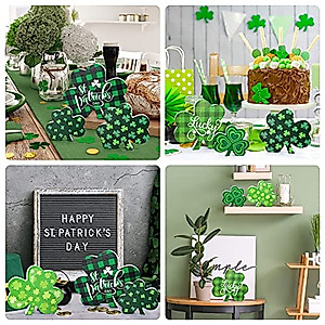 Whaline 3Pcs St. Patrick's Day Wooden Signs Green Plaid Shamrock Table Ornament Lucky Clover Double-Side Print Table Centerpieces Irish Holiday Table Centerpieces for Home Fireplace Tiered Tray Decor