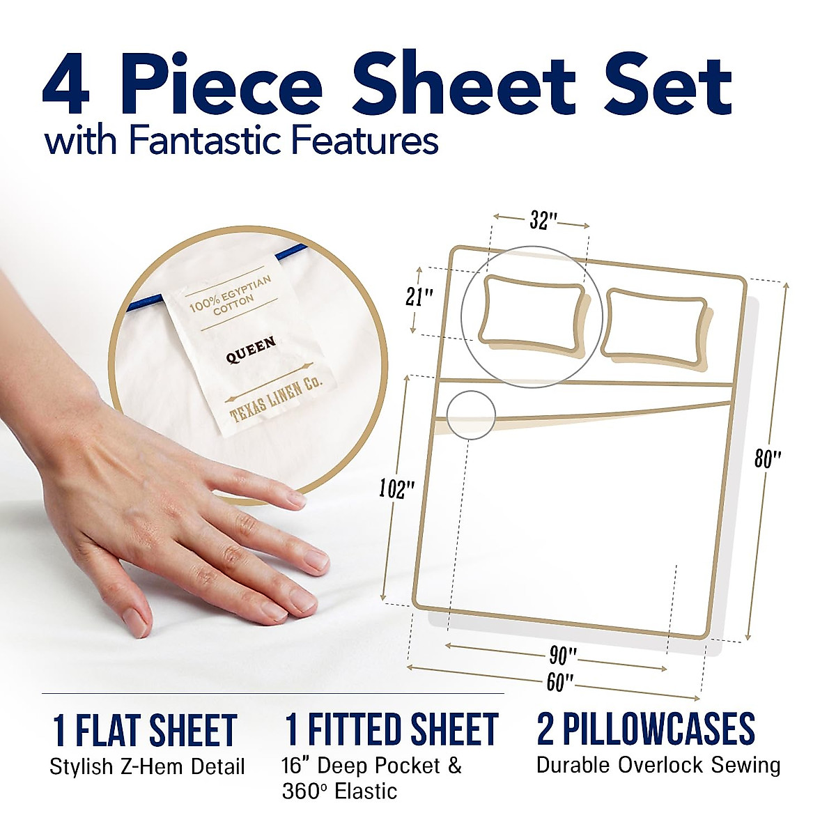 TEXAS LINEN CO. 100% Egyptian Cotton Queen White Sheet Set - 1000 Thread Count 4 PC Cotton Sheets for Queen Bed, Silky Soft, Cooling Extra Long Staple Luxury Hotel Sheets - Fits Upto 18” Deep Pocket