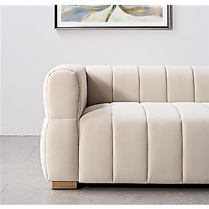 Container Furniture Direct Art Deco Velvet Sofa with Tufted Low Back Design, Sophisticated 3 Seater Couch for Living Rooms, 89 Inch Wide, Easy Assembly, Beige