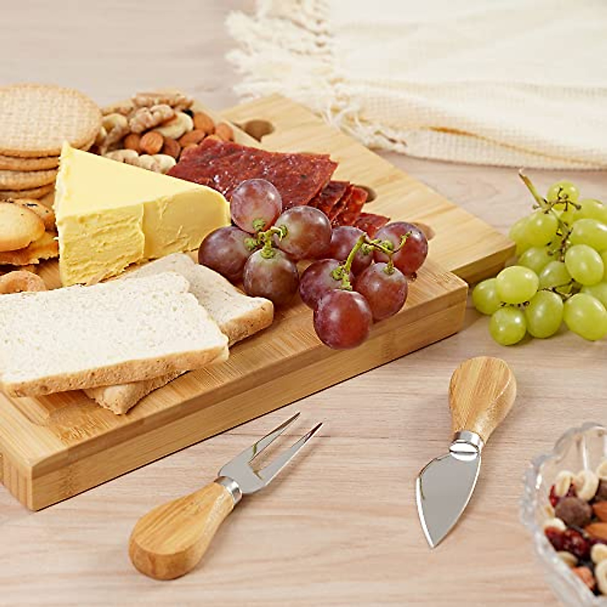 Yibidys Cheese Board Set, Charcuterie board Set, Bamboo Cheese Plate including Knife Sets, Cheese Tray with Slide-Out Drawer for Home and Gift
