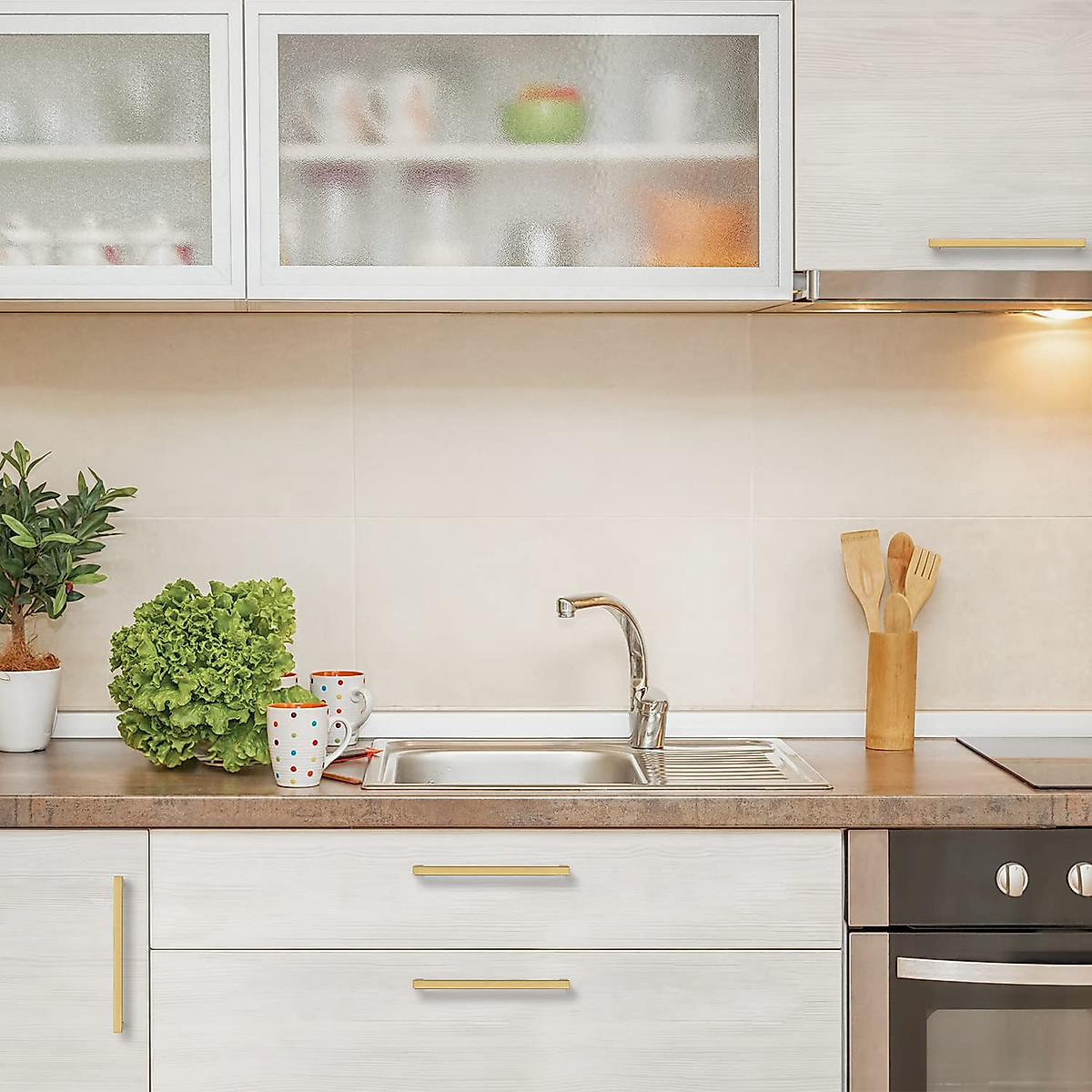 Ravinte 10 Pack Gold Cabinet Pulls 8 Inch Brushed Brass Kitchen Cabinet Handles Gold Square Kitchen Hardware for Cabinet Gold Kitchen Drawer Pulls Come with Screwdriver