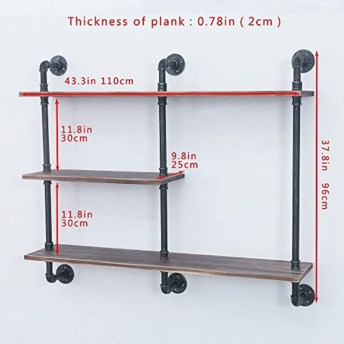 Industrial Pipe Shelving Wall Mounted,Wall Shelf Unit Bookshelf Hanging Wall Shelves,43in Rustic Metal Floating Shelves,Steampunk Real Wood Book Shelves,Farmhouse Kitchen Bar Shelving(3 Tier)