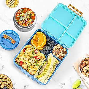 Bento Lunch Box for Kids With 8oz Soup Thermos,Leak-proof Lunch Containers with 4 Compartment,Thermos Food Jar, Food Containers for School(Blue)