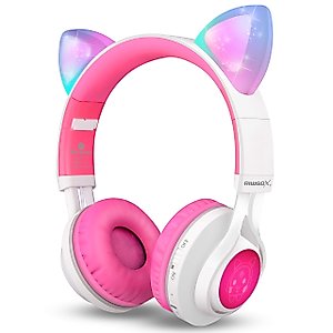 Riwbox CT-7 Cat Ear Bluetooth Headphones, LED Light Up Bluetooth Wireless Over Ear Headphones with Microphone and Volume Control for Travel/School/Smartphones/Laptop/PC/TV
