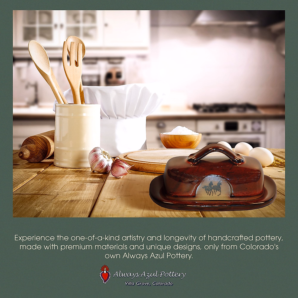 ALWAYS AZUL POTTERY 7.5 Inch by 4 Inch Butter Dish in Wild Horses design and Azulscape Glaze - Handmade Pottery -Decorative Stoneware Butter Dish Dispenser -Countertop Covered Butter Storage Container