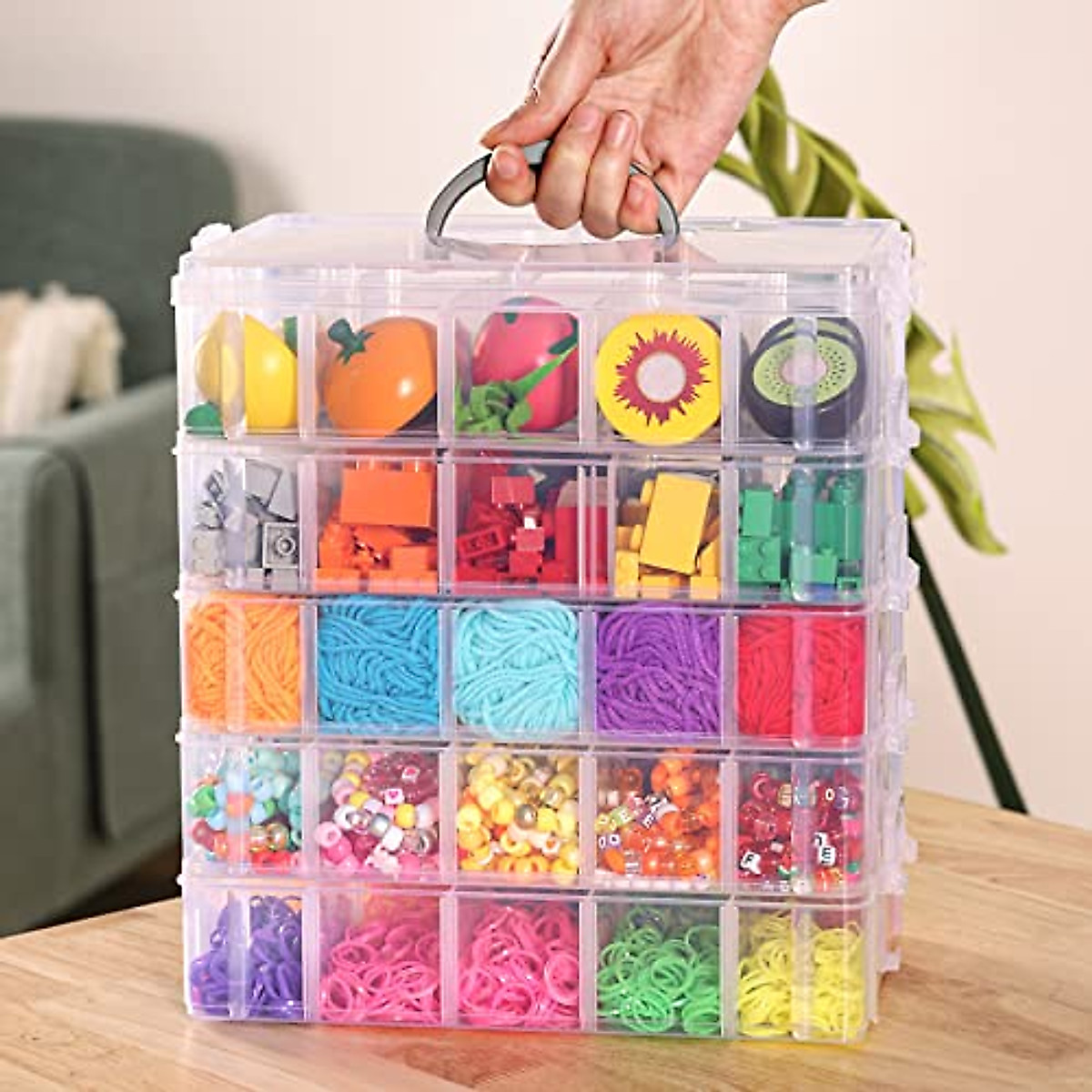 QUEFE 5-Tier Stackable Storage Container Box with 50 Compartments, Plastic Organizer Box for Arts and Crafts, Toy, Fuse Beads, Washi Tapes