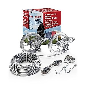 Strata Clothesline Outdoor Heavy Duty Kit - 150 Feet Galvanized Wire Silver PVC Coating, 6.5" Clothesline Pulley 2pcs, Metal Mini Winch Tightener 1pc, Plastic Spreader/Spacer 1pc & 2 Metal Hooks