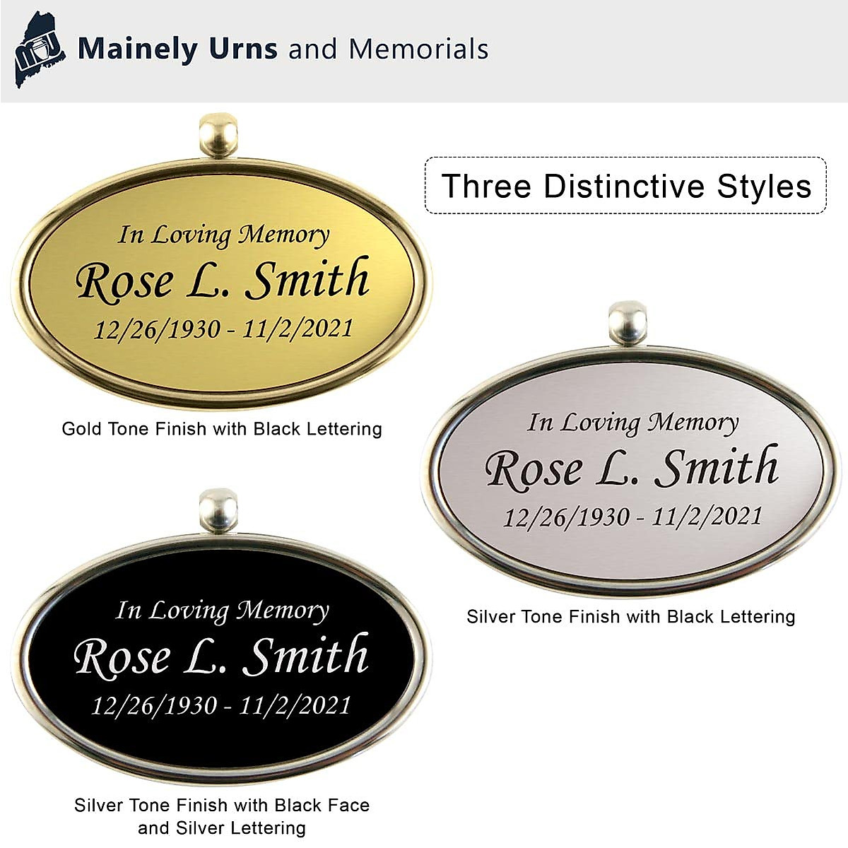 Hanging Silver Oval Personalized Pendant For Cremation Urns That Can’t Be Engraved - Includes Silver Satin Ribbon - Made of Solid Brass - Silver Tone Finish with Black Engraving