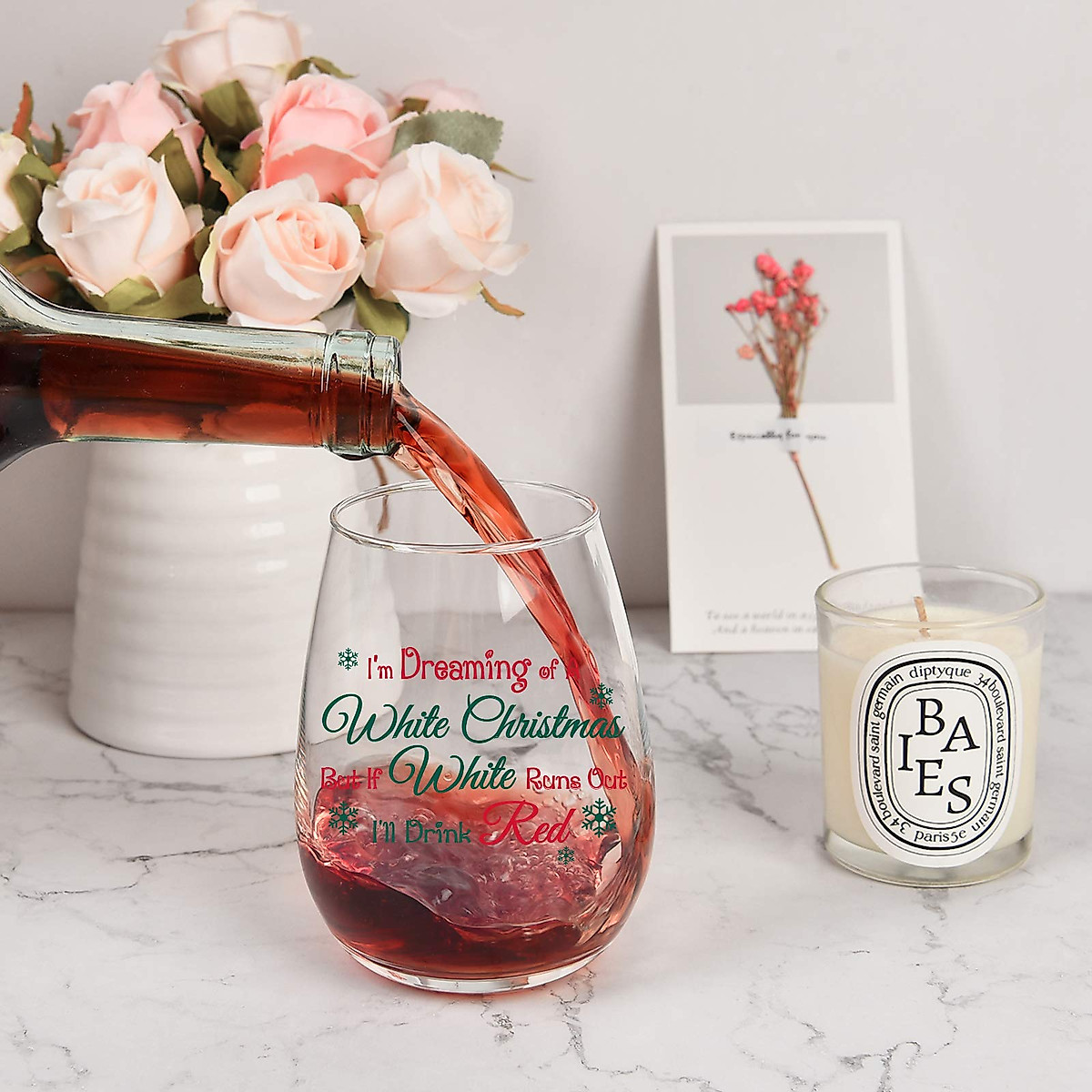 Christmas Wine Glass, I'm Dreaming Of A White Christmas But If White Runs Out I'll Drink Red Stemless Wine Glass Women, Men, Family, Friends, Sisters, Coworkers