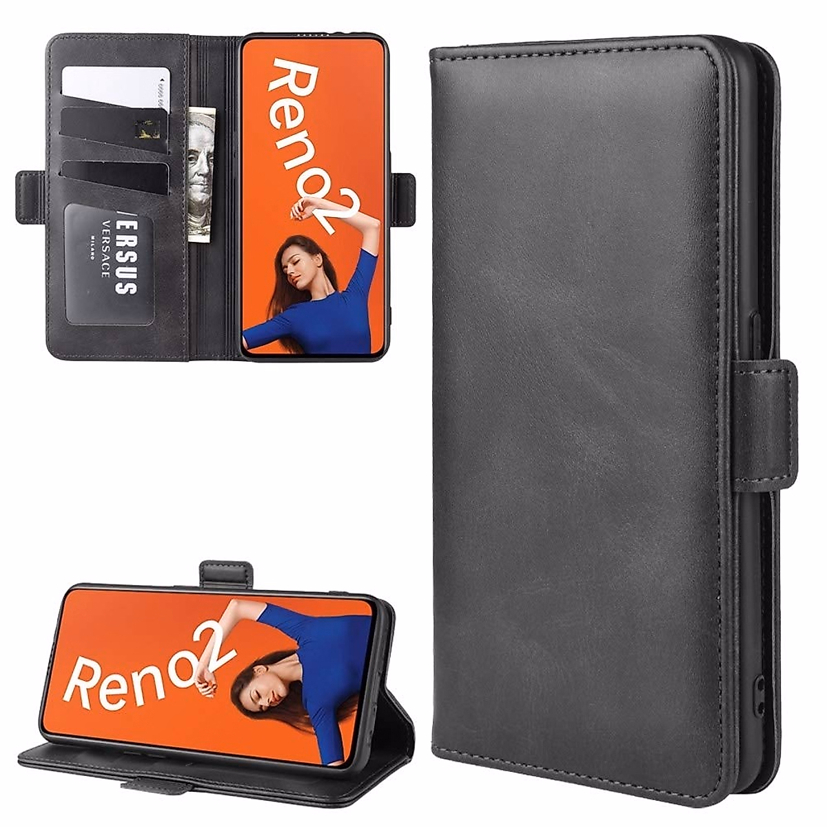 Oppo case for Oppo RENO2 Wallet Stand Leather Cell Phone Case with Wallet & Holder & Card Slots(Black) (Color : Black)