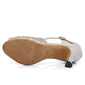 ROGMUJEN Women Latin Ballroom Practice Perfermence Rhinestones Dance Shoes Tango Salsa Party Dress Pump Dance Shoes,Champagne,7US,Ml375