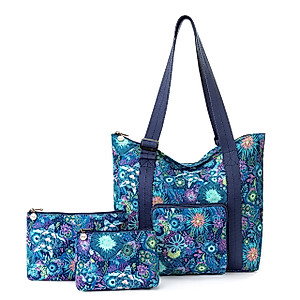 Sakroots On the Go 4 Piece Travel Bundle, Includes 21" Rolling Suitcase, Packable Large Tote, Medium & Small Pouches, Royal Blue Seascape