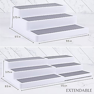 3–Tier Expandable Spice Rack - Adjustable Length, Stability with Non-Skid Shelf, Three Tiers for Easy Visibility, Organizer for Kitchen Cabinet, Pantry or Countertop.