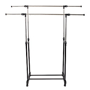 Guangshuohui Clothes Garment Rack, Double Rod Closet Double Rail Clothing Rolling Rack on Wheels and Bottom Shelves, Black & Silver (A)