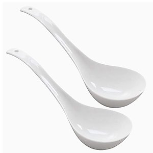 Big Porcelain Porridge Spoon Bone Chinese Large Spoons White Ceramic Japanese Deep Flatware Soup Spoons Long Handled (bright white 2 pack)