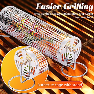 Grill Basket - Outdoor Rolling BBQ Basket - 2 Pcs Stainless Steel Grill Mesh, Rolling Grill Baskets for Outdoor Grill, Portable Grill Accessories for Outdoor Grill - Grilling Gifts for Men Dad Husband Him