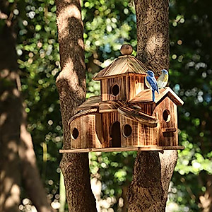 2in1 Bird House&Bird Feeder.Bird House for Outside,Hummingbird House with 6 Hole,Bluebird Finch Cardinals Hanging Big Birdhouse,Nesting Box Birdhouse for Backyard/Patio Decor.