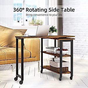 IDEALHOUSE 360° Rotatable Sofa Side Table Mobile End Table with 2-Tier Storage Shelves, Movable Laptop Table with Sturdy Metal Frame /6 Universal Casters, Couch Snack Table for Home (Rustic Brown)