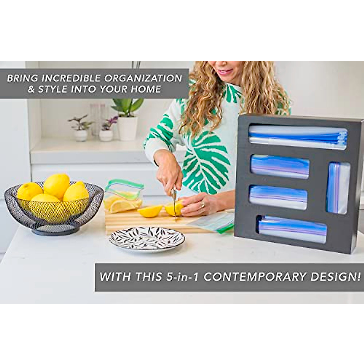 Sloane Harlow Bamboo Ziplock Bag Storage Organizer - 5-in-1 Baggie Organizer, Laser Engraved Ziplock Bag Organizer with extra Storage Slot, Ziplock Storage Bag Holder for Kitchen organization-Black