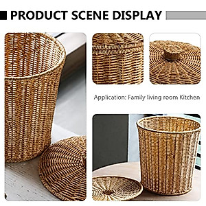 Tofficu Plastic woven wastebasket Woven Storage Baskets with Lid Laundry Basket Paper Waste Basket Garbage Container Bin for Home desktop garbage bin Office rattan storage basket