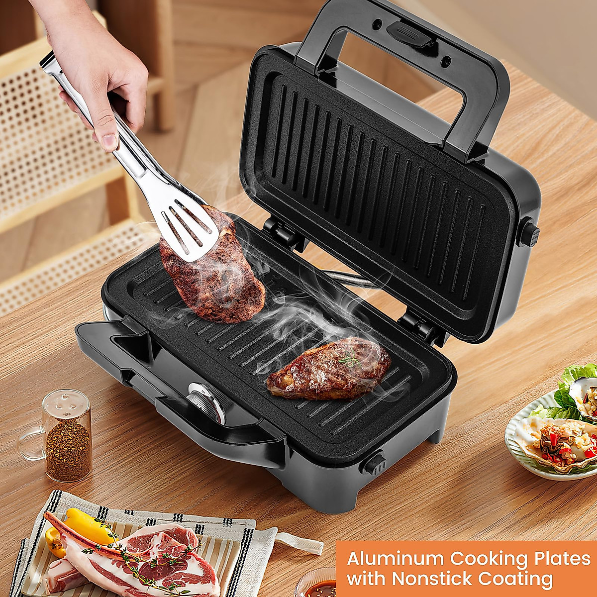 COSTWAY 3-in-1 Sandwich Maker, 1200W Electric Waffle Maker with 3 Removable Non-Stick Plates, Grilled Cheese Maker with 5-Gear Temperature Control, Panini Press Grill for Breakfast