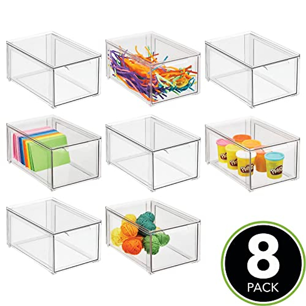 mDesign Plastic Stackable Drawer Organizer Storage Bin with Front Handle - Holder for Crafts, Sewing, Hobby, Art Supplies in Home, Classroom, Office, or Studio - Lumiere Collection, 8 Pack - Clear