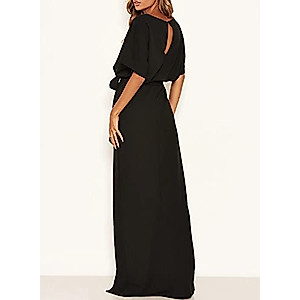 Happy Sailed Womens Batwing Sleeve Tie Waist Long Maxi Dress Side Split Formal Party Dresses Evening Gown Black X-Large