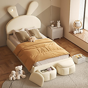 Twin Size Upholstered Platform Bed with Cartoon Ears Shaped Headboard and 2 Small Storage Stools, Velvet Kids Platform Bed Frame with Light for Boys Girls Bedroom, Sturdy Slatted Support (Beige-Ears)