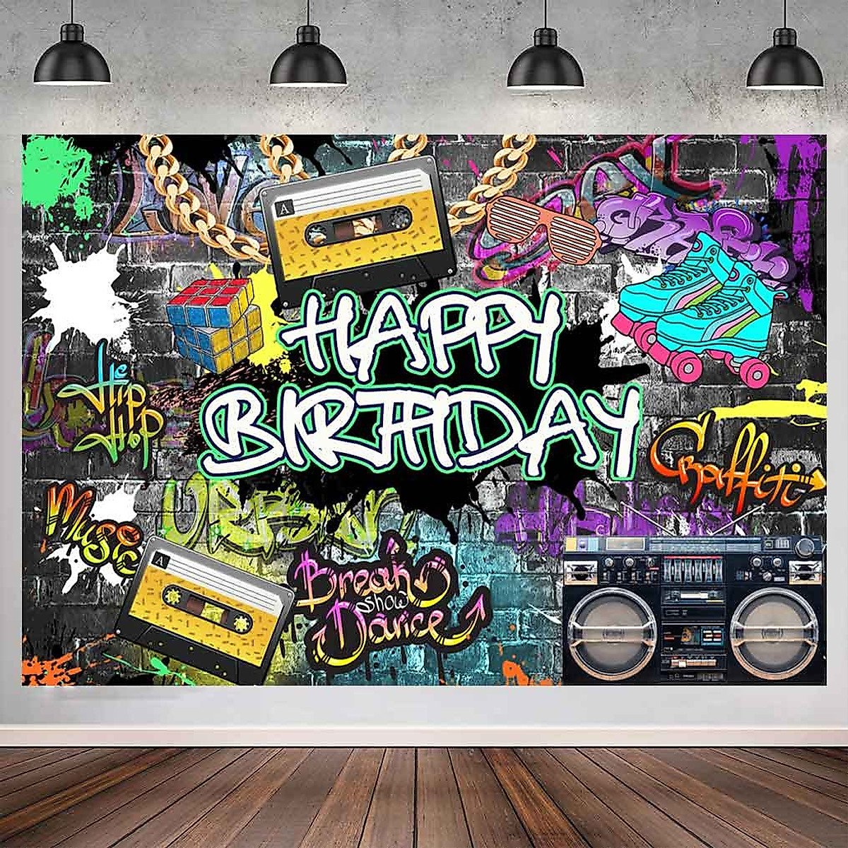 Sensfun Graffiti 80's 90's Birthday Backdrop Urban Retro Hip Hop Birthday Party Background Gold Chain Glasses Cartridge Tape Recorder Disc Rock Birthday Decoration Banner Photo Booth Props 7x5ft