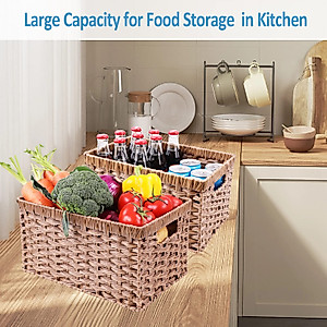 ROSOS Wicker Baskets 2 Pack, Rectangular Wicker Storage Basket with Handles, Waterproof Plastic Large Wicker Baskets for Storage, Nesting Hand-Woven Storage Baskets for Pantry Storage