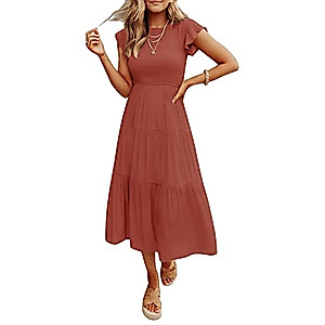 ZCSIA Women's 2023 Summer Casual Ruffle Short Sleeve Crewneck Smocked Tiered A Line Midi Dress,Rust,Small