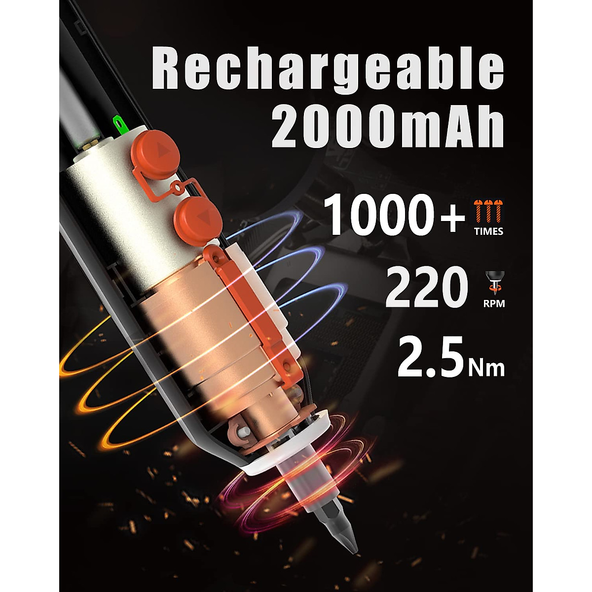 Electric Screwdriver, Cordless Power Screwdriver Set with 2000mAh Rechargeable Battery, 3.7V, 4 LEDs, USB-C Cable, 20pcs Bits, Automatic & Manual, High Torque 2.5Nm