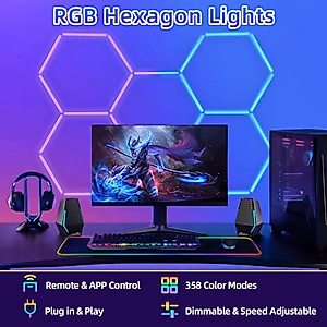 SCONPARK RGB Hexagon Garage Lights,Dimmable LED Hexagon Lights,Large Size Hex Lights for Wall/Ceiling,DIY 358 Modes,Aluminum Base,3 Pin,for Garage Gym Gaming Room Music Room Studio