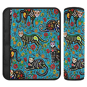 Halloween Sugar Skull Cat Seat Belt Covers 2 Pack Car Seat Strap Covers Super Soft Car Seat Neck Cover for Boys Girls Adults Babies