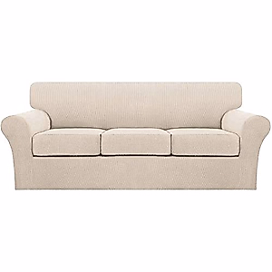 4 Piece Sofa Covers For 3 Cushion Couch Sofa Slipcover Soft Couch Cover For Dogs-Washable Sofa Furniture Covers With 3 Individual Cushion Covers,Feature Jacquard Fabric(3 Cushion Sofa, Biscotti Beige)