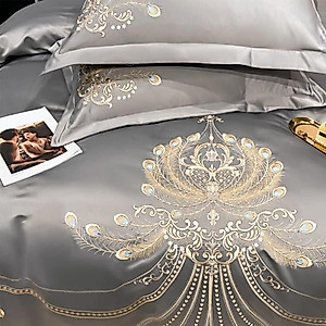 QQXX Luxury Embroidery Duvet Cover Set,Jacquard Silk Bedding Set,Cozy Breathable Microfiber Comforter Cover Set with Zipper Closure and Corner Ties for All-SeasonTies(Queen, Gray)