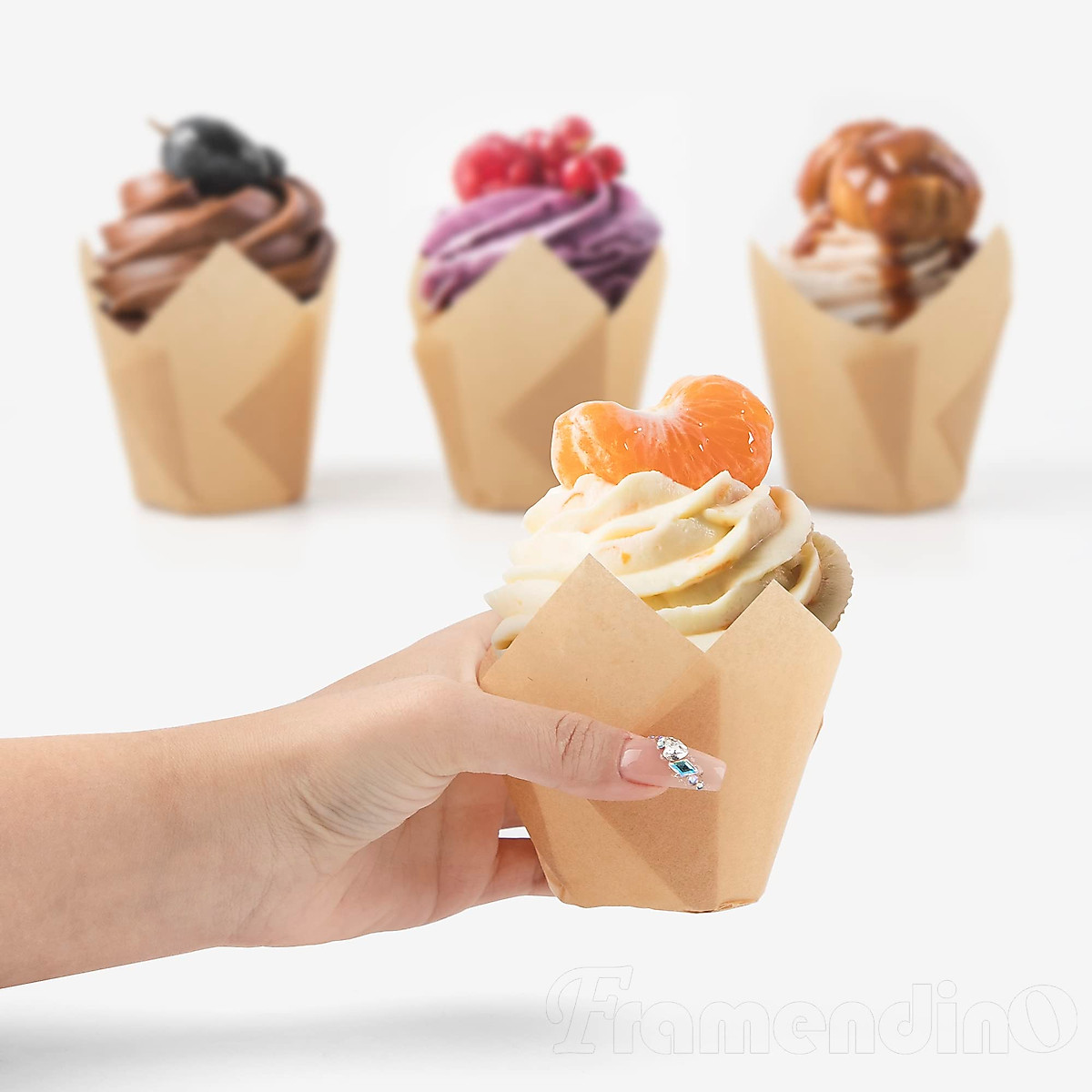 Framendino, Pack of 150 Tulip Shaped Baking Cups Brown Color Baking Cupcake Wrappers Grease Proof Muffin Paper Liners for Birthday Party Wedding Supply Decor