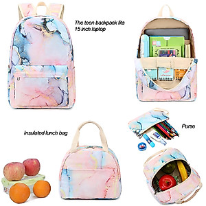 BTOOP Girls School Backpack Marble Schoolbag Laptop Bookbag Insulated Lunch Tote Bag Purse Teens Boys Kids (Marble 31-pink)