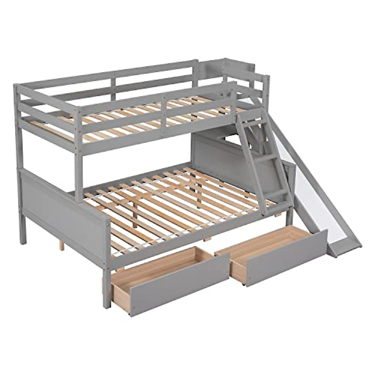 GLORHOME Twin Over Full Bunk Bed,Wooden Bunk Bed, Bunk Bed with Drawers,Slide,Grey