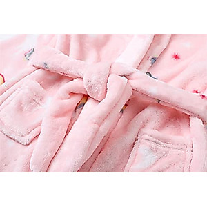 Umeyda Girls Robe, Soft Fuzzy Fleece Printed Hooded Bathrobe Cute Sleepwear for Kids, Rainbow Peach Pink, 12-18 Months = Tag 90