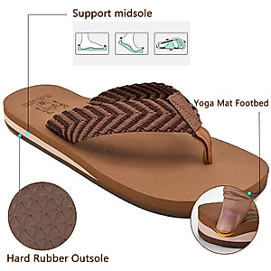 KuaiLu Men's Yoga Mat Leather Flip Flops Thong Sandals with Arch Support Khaki Brown Size 10