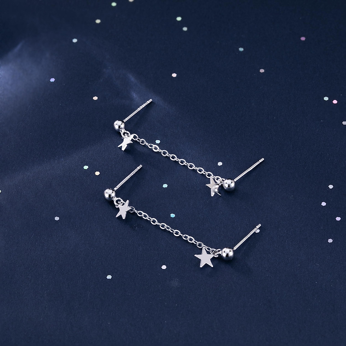 Reffeer 925 Sterling Silver Two Piercing Cute Ball Star Stud Chain Earrings Climber Ball Star Cuff Earrings Helix for Women Teen (Silver)