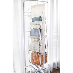 Amelitory Hanging Handbags Holder for Closet 4 Shelf Purse Bags Storage 8 Compartment Dust-Proof Organizer Beige